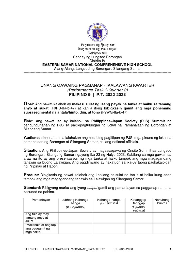 Unang Gawaing Pagganap - Ikalawang Kwarter: (Performance Task 1-Quarter 2) | PDF