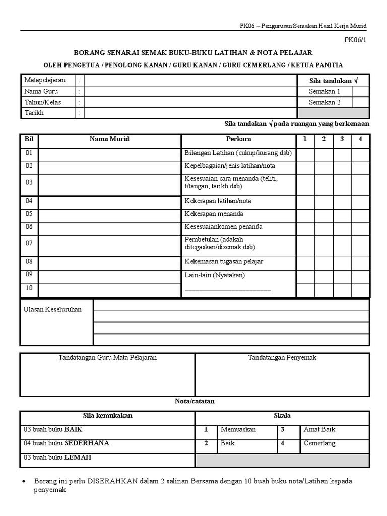 Senarai Semak Buku Latihan Dan Nota Pelajar | PDF
