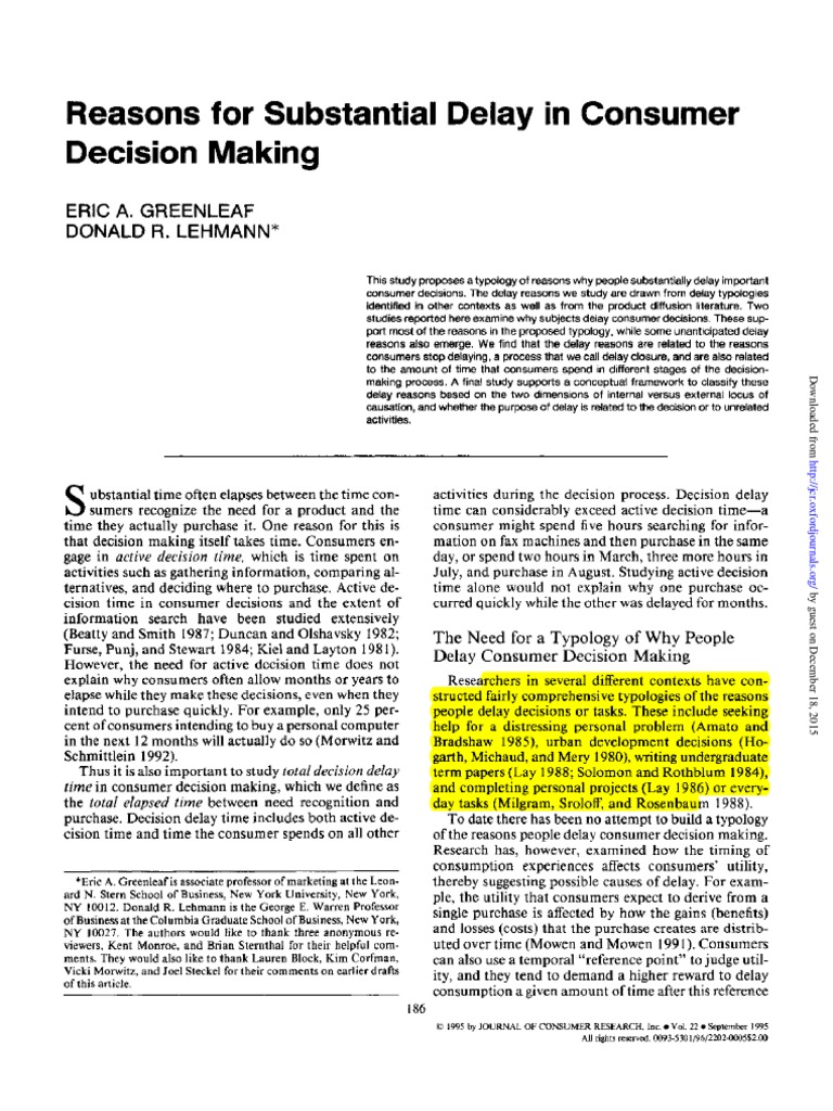 1995-Reasons For Substantial Delay in Consumer - Decision Making | PDF ...