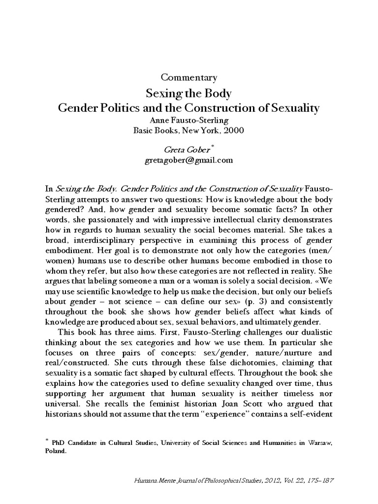 Sexing the Body: A Critical Review and Analysis of Anne Fausto-Sterling's Exploration of the ...