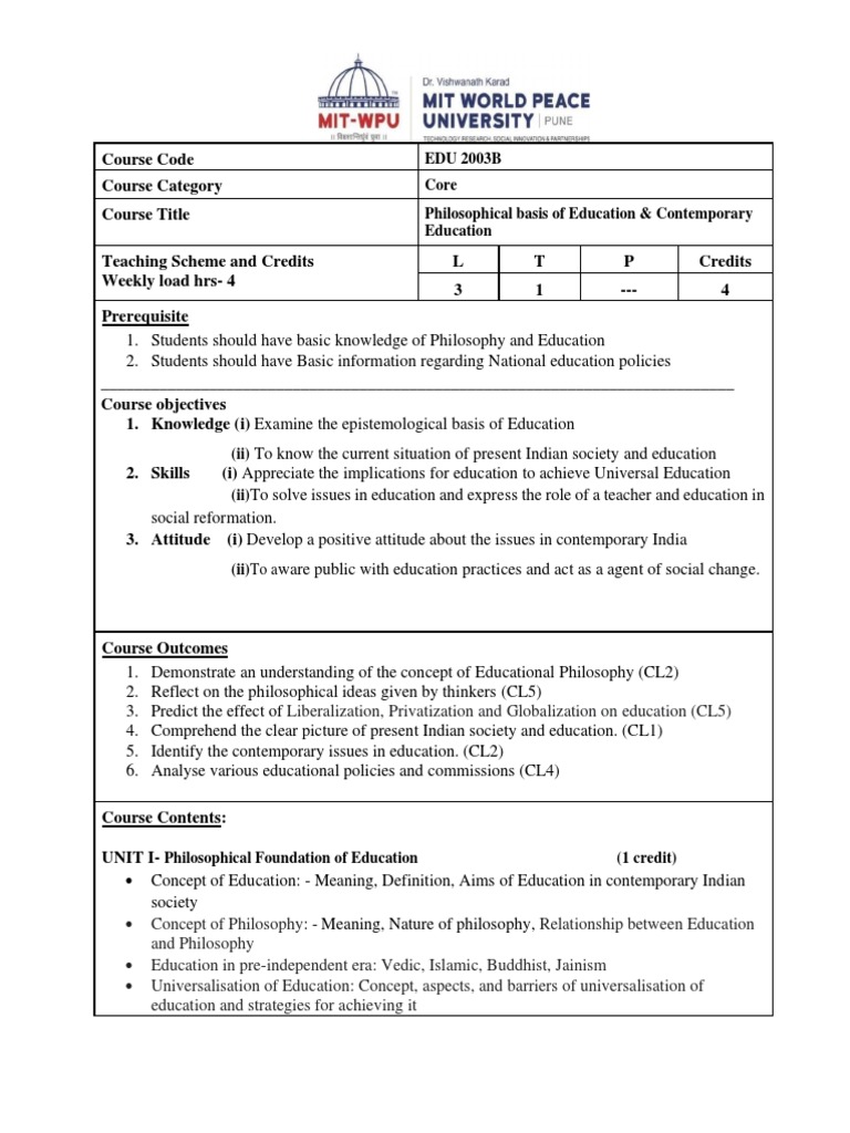 Syllabus of Philosophical Basis of Education & Contemporary Education Approved | PDF