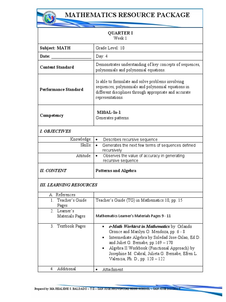 Mathematics Resource Package: Quarter I Subject: MATH Date: - Day: 4 ...