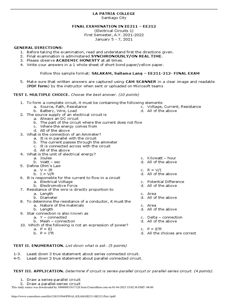 FINAL EXAM EE211 EE212 Part 1 PDF | PDF