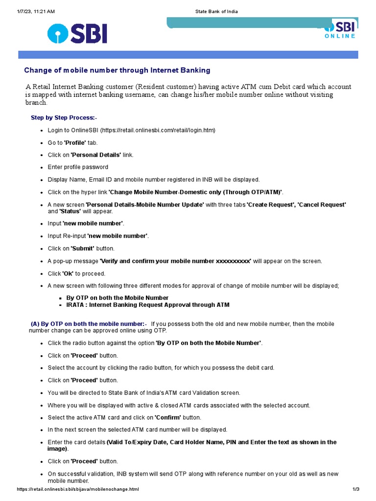 SBI Mob Number Change | Download Free PDF | Automated Teller Machine ...