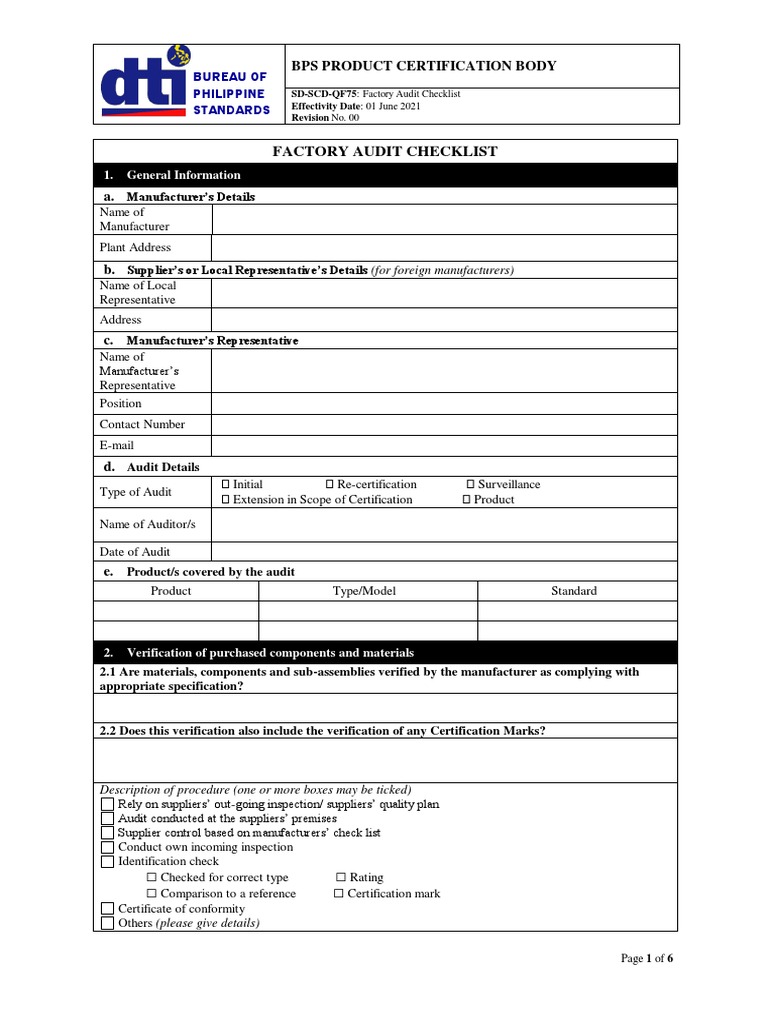 SD-SCD-QF75 Factory Audit Checklist Rev.0 | Download Free PDF | Calibration | Verification And ...