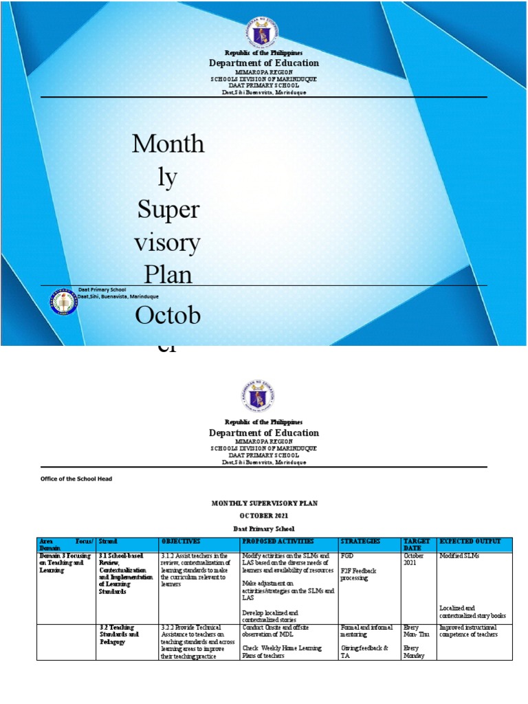3.monthly Supervisory Plan Oct DAAT | Download Free PDF | Educational Assessment | Teachers
