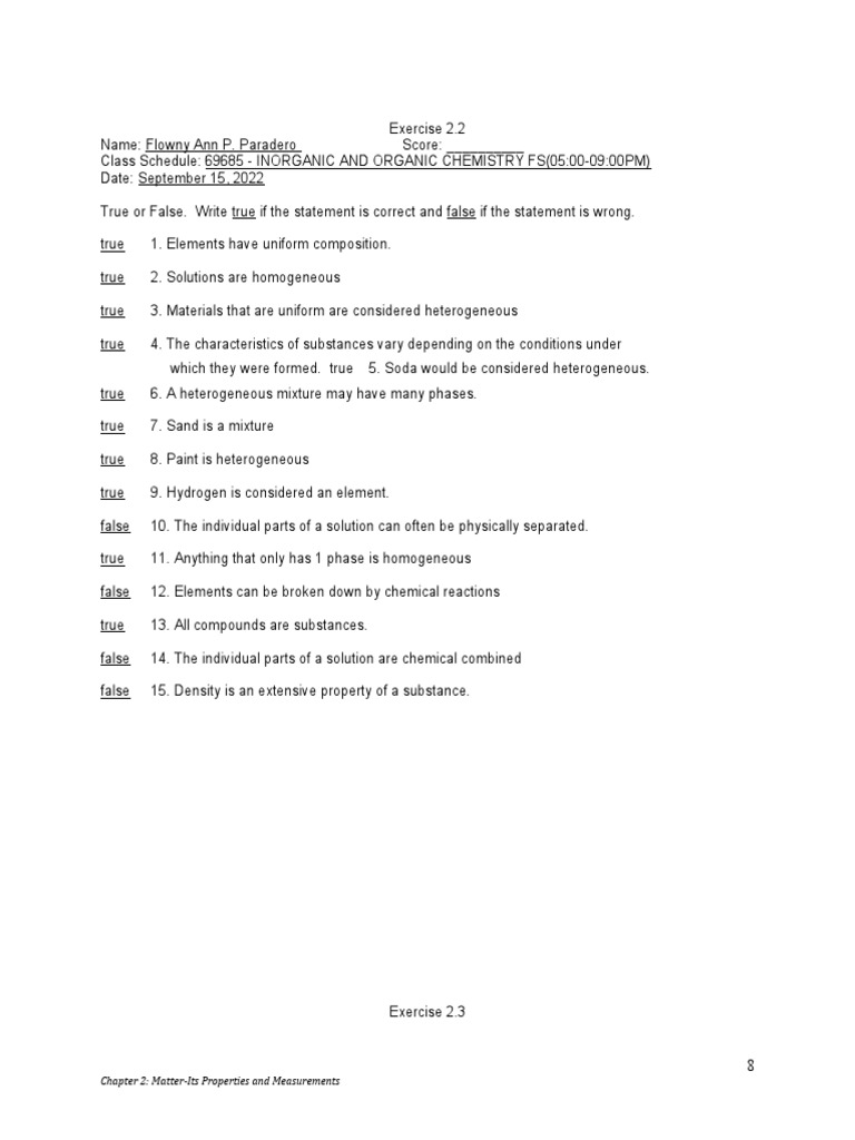 CHAPTER 2 - Seatwork | PDF | Chemistry | Matter