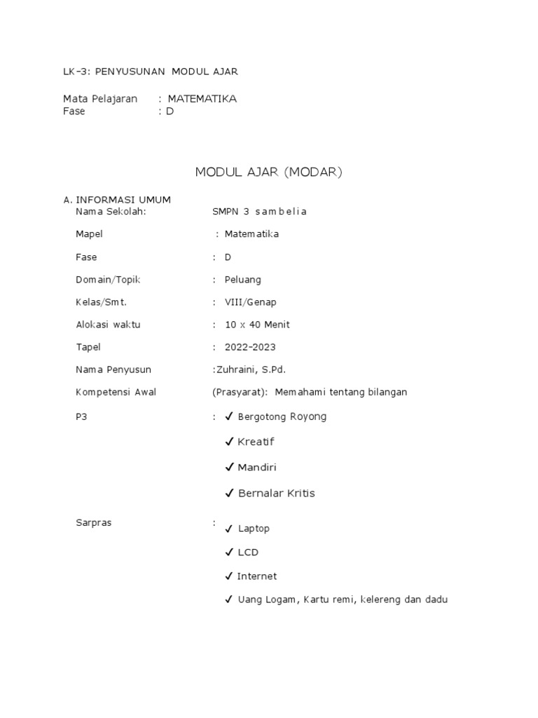 Modul Ajar Peluang Kelas 8 SMP | PDF