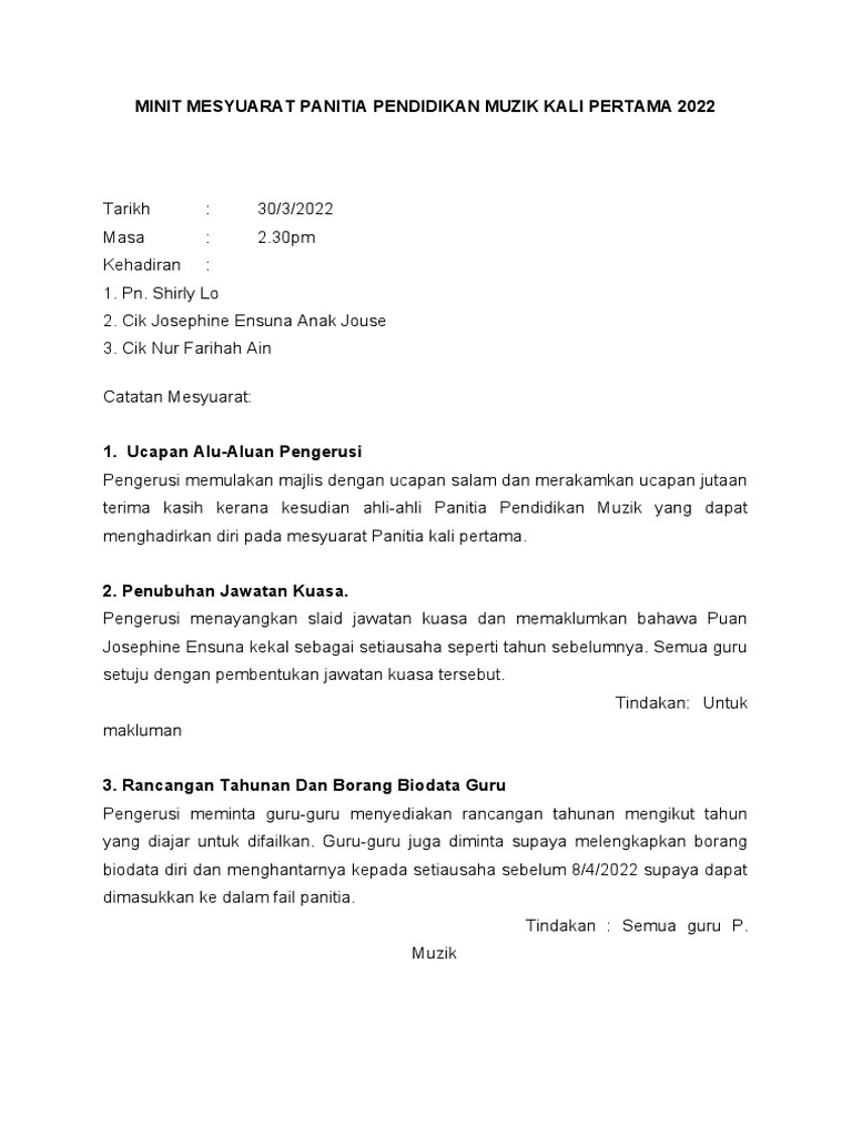 Minit Mesyuarat Panitia Pendidikan Muzik Kali Pertama 2022 | PDF