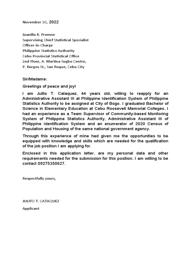 Application Letter (Cataquez) | PDF | Social Science