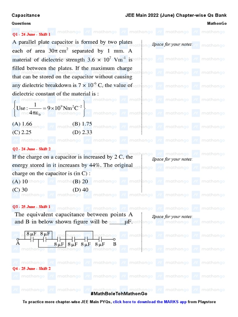 Capacitance - JEE Main 2022 Chapter Wise Questions | PDF