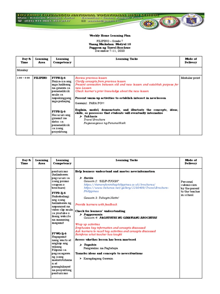 Weekly Home Learning Plan W10 | PDF | Learning | Communication