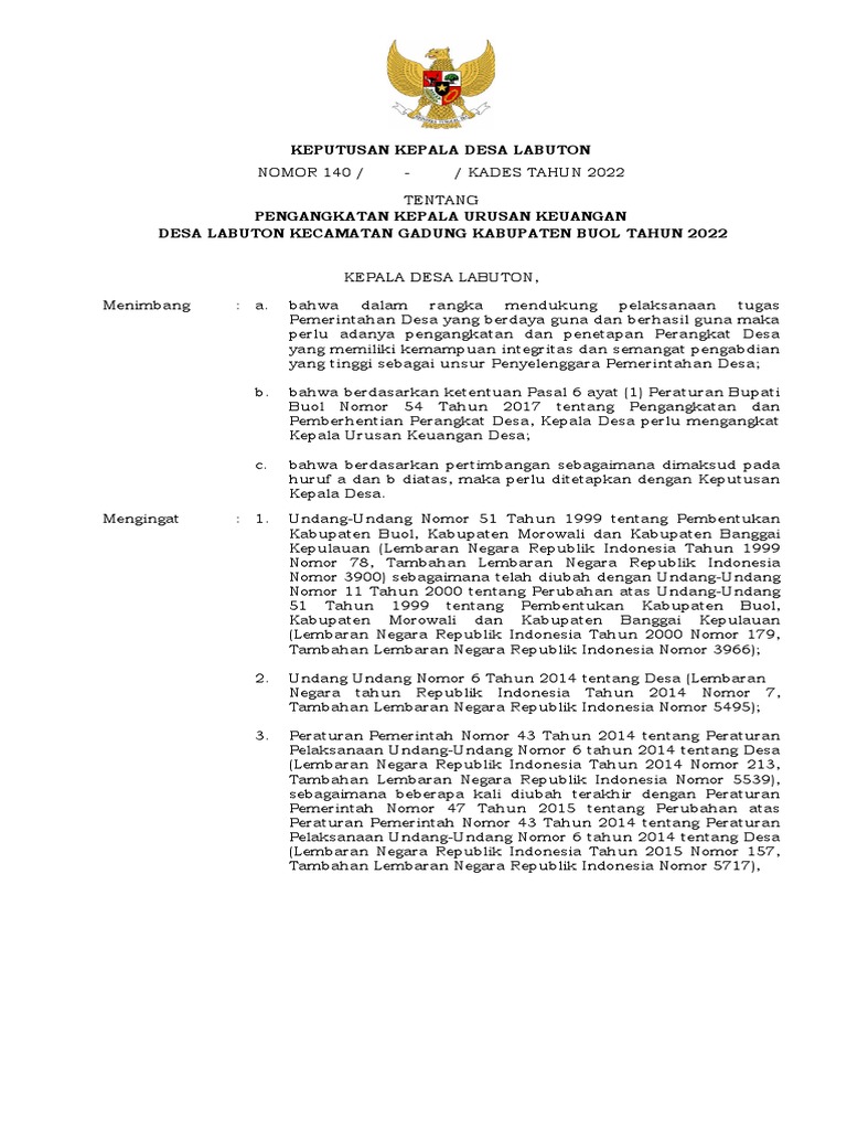 SK Kaur Keuangan Desa 2022 | PDF | Pengelolaan Keuangan & Uang