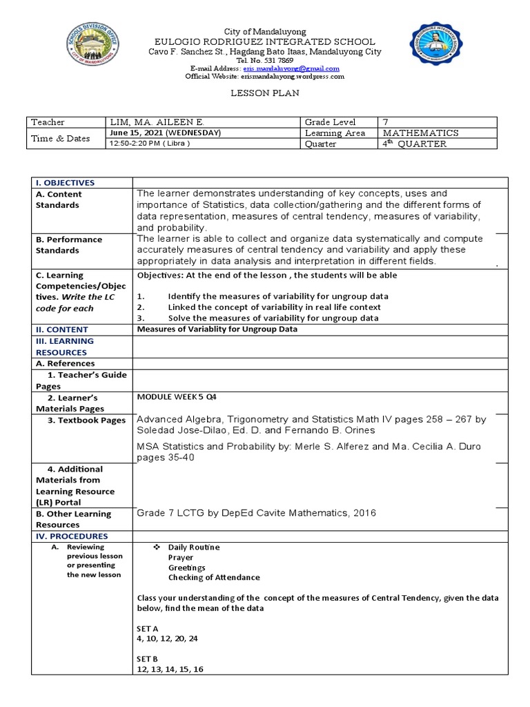 Measures Of Variability For Ungrouped Data Pdf Mean Median 1207