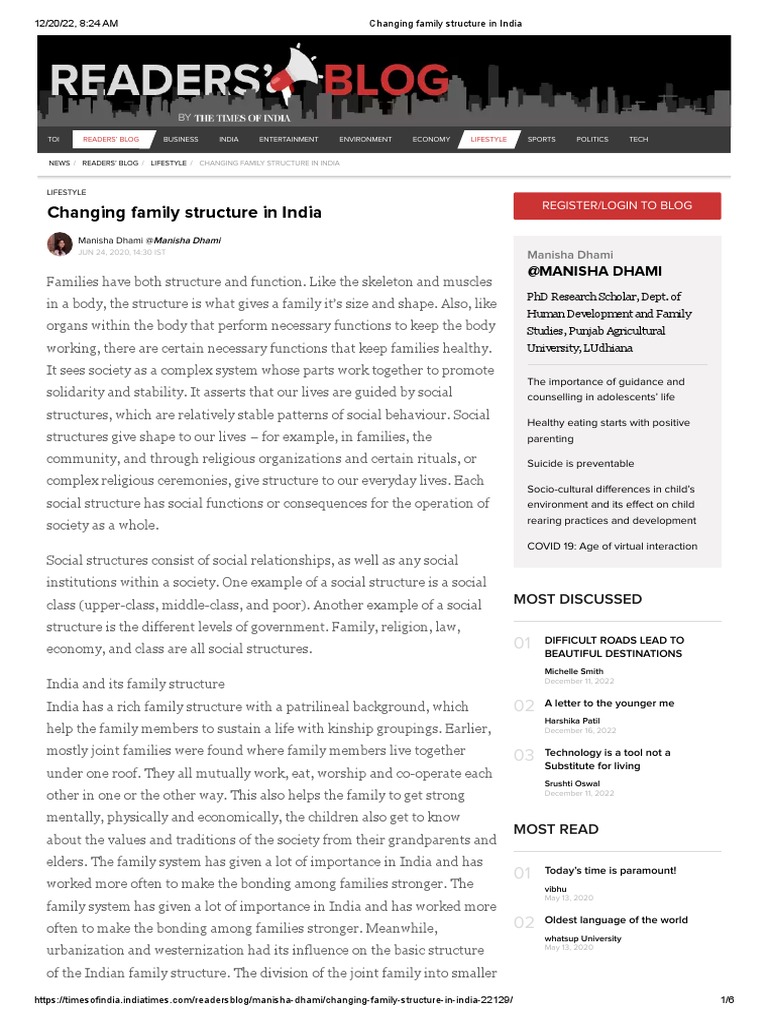Changing Family Structure in India TOI | PDF | Family | Marriage