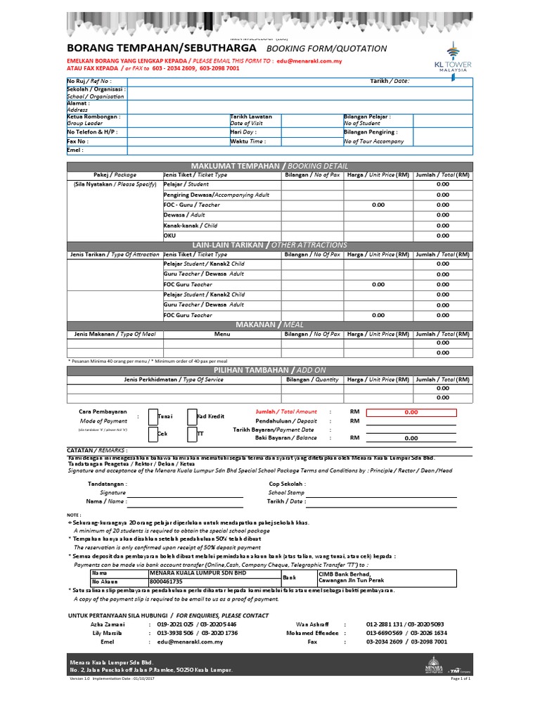 Borang Tempahan - Booking Form 2017 | PDF