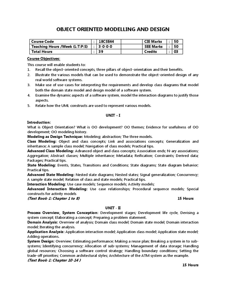 OOMD Syllabus 18CSE44 | Download Free PDF | Class (Computer Programming) | Unified Modeling Language