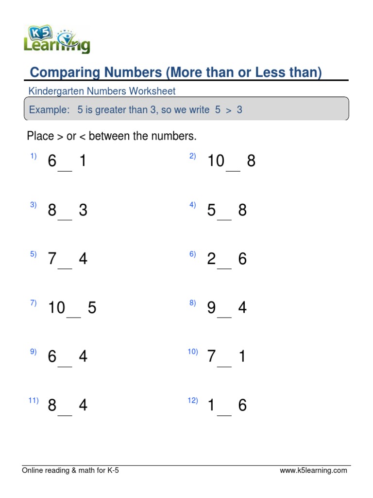 Kindergarten Number Comparison Worksheet | PDF