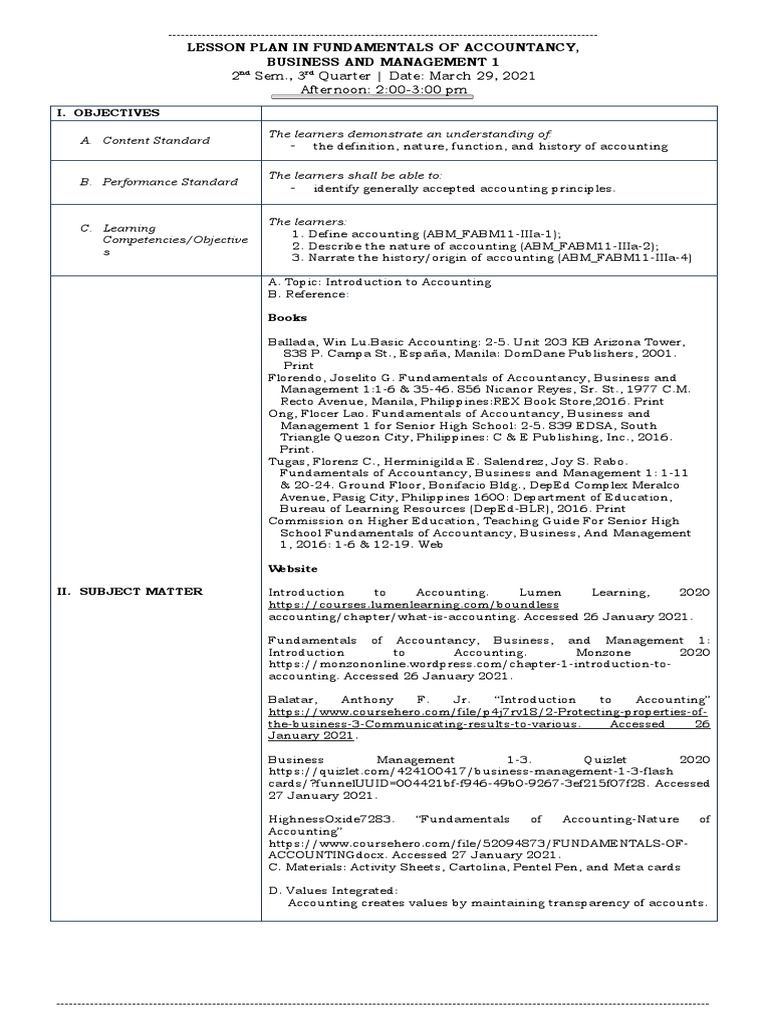Lesson Plan in Fundamentals of Accountancy, Business and Management 1 ...