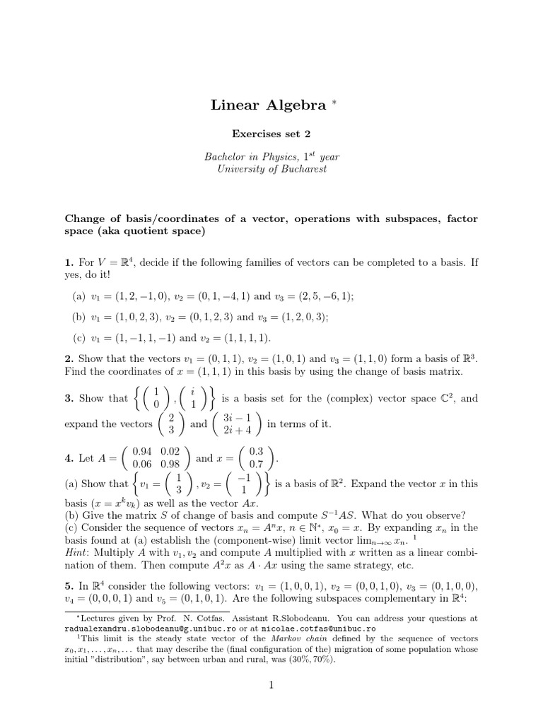 Linear Algebra Exercises Set 2: Basis, Subspaces, Quotient Spaces | PDF