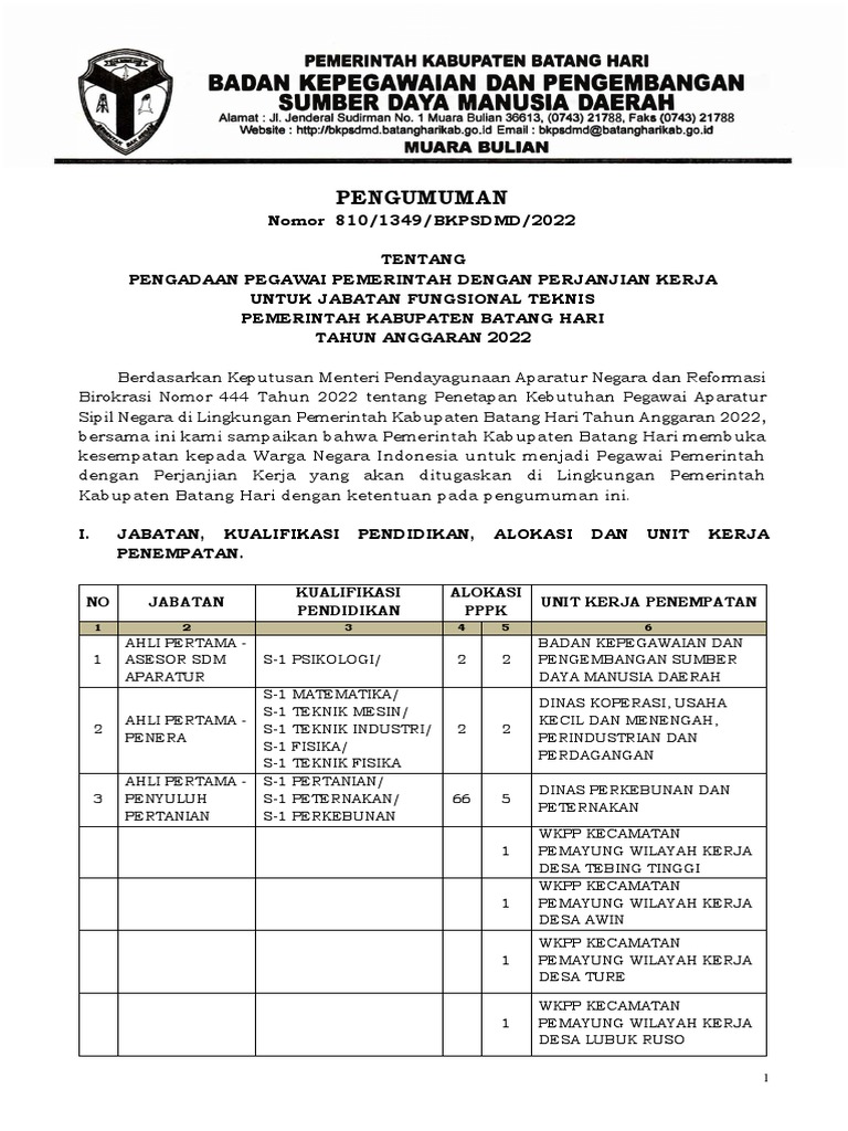 Pengumuman PPPK Teknis 2022 Final Yang Dipakai | PDF