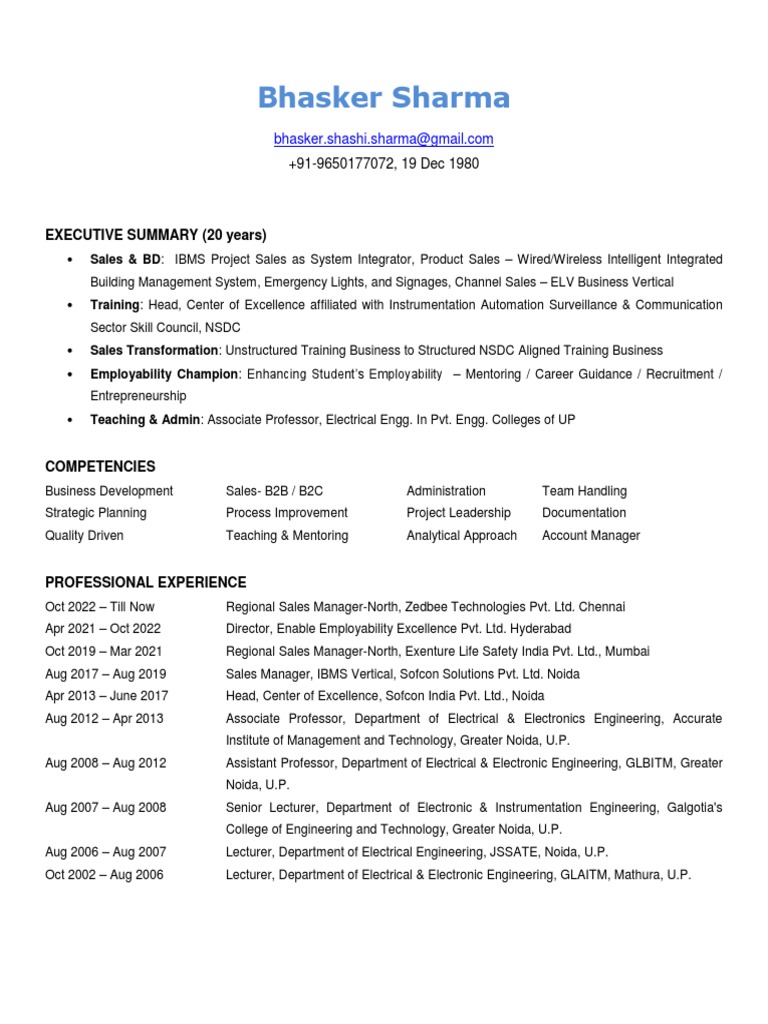CV - Bhasker Sharma - RSM North - Zedbee Technologies | PDF | Sales ...