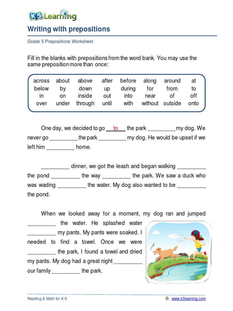 Grade 5 Writing With Prepositions A | PDF