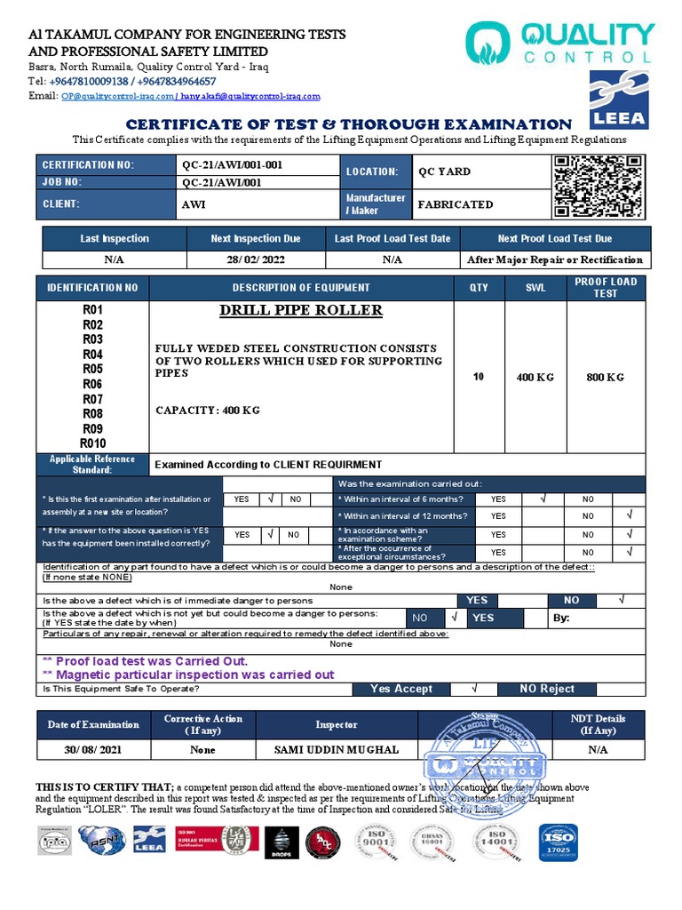 Certificate of Test and Thorough Examination for Drill Pipe Rollers ...