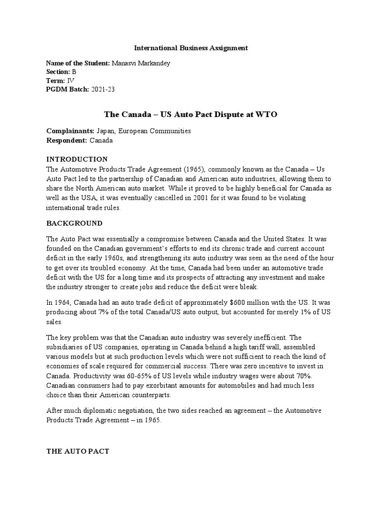 IB Assignment - Canada-US Auto Pact Dispute | PDF | Car | Trade