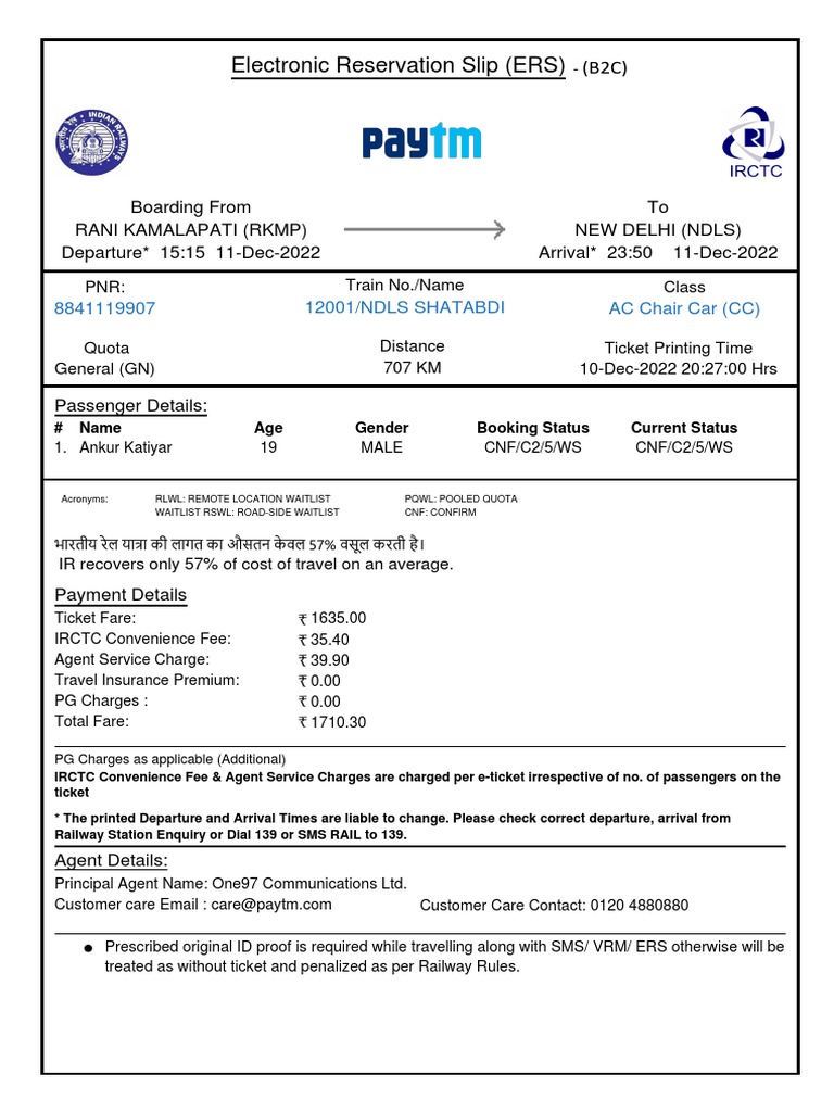 Electronic Reservation Slip for Train Travel | PDF | Identity Document