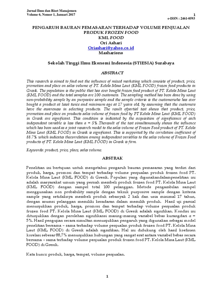Pengaruh Bauran Pemasaran KML Food | PDF | Statistik Multivariat ...