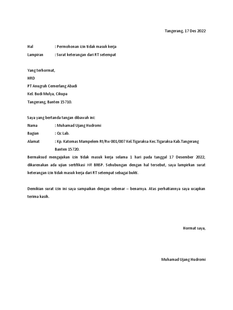 Surat Ijin Tidak Masuk Kerja | PDF