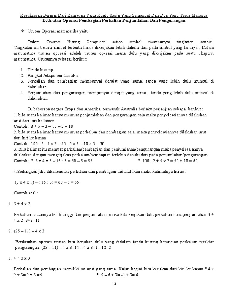 Urutan Operasi Pembagian Perkalian Penjumlahan Dan Pengurangan | PDF