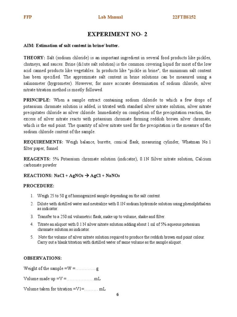 Experiment-Salt Content in Brine | PDF | Titration | Chemistry
