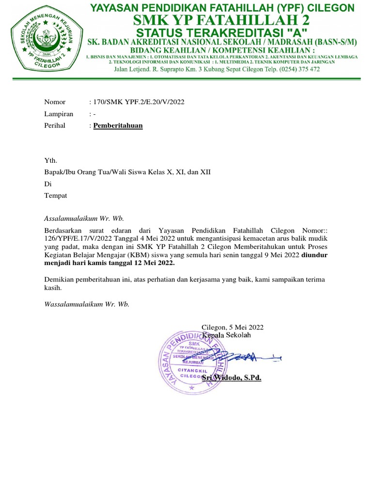 Surat Pemberitahuan Libur Diperpanjang | PDF