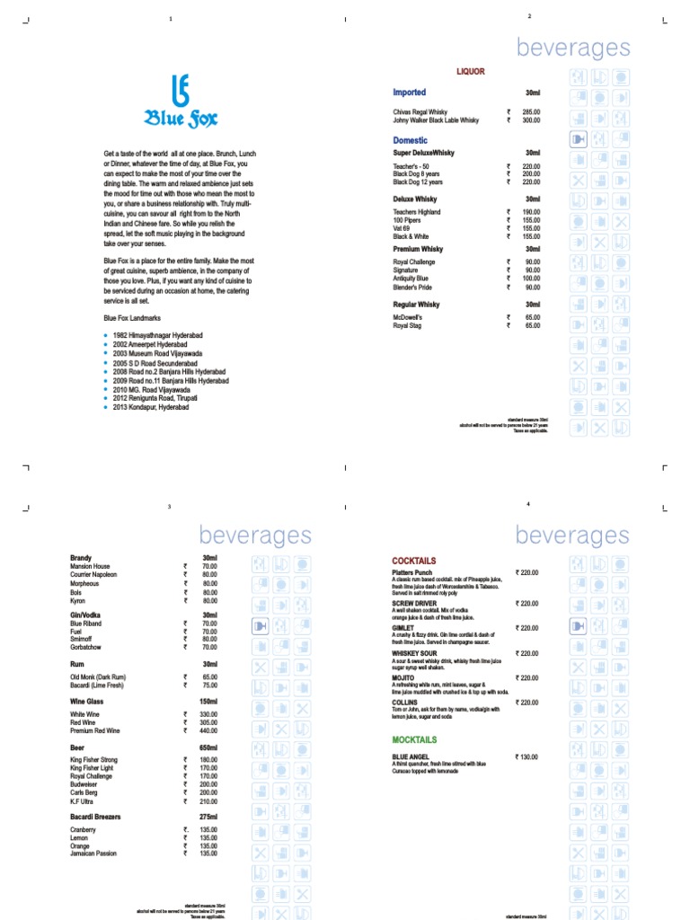 Menu from Blue Fox Restaurant Offering a Wide Selection of Imported and ...