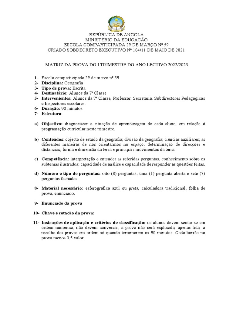 Matriz Da Prova Do Iº Trimestre Da 7, 8 e 9 Classe | PDF | Geografia ...
