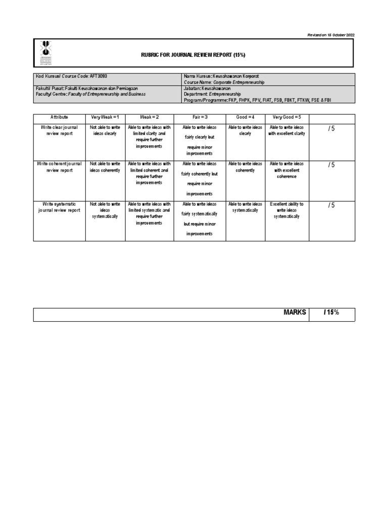 Journal Review Report Rubric AFT3093 | PDF