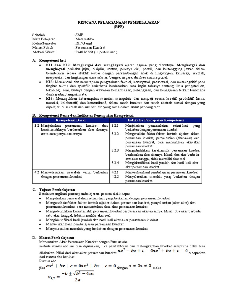 RPP Pert 1 LURING (Menentukan Akar Persamaan Kuadrat Dengan Rumus Abc ...
