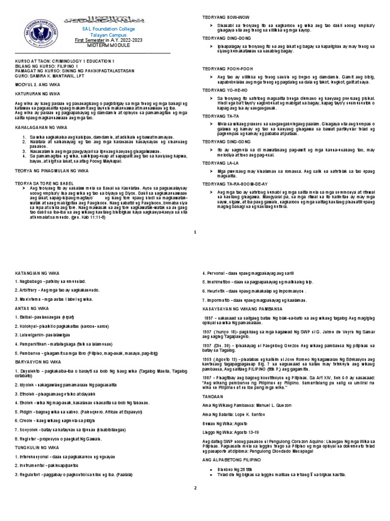 Filipino 1 Midterm Module | PDF