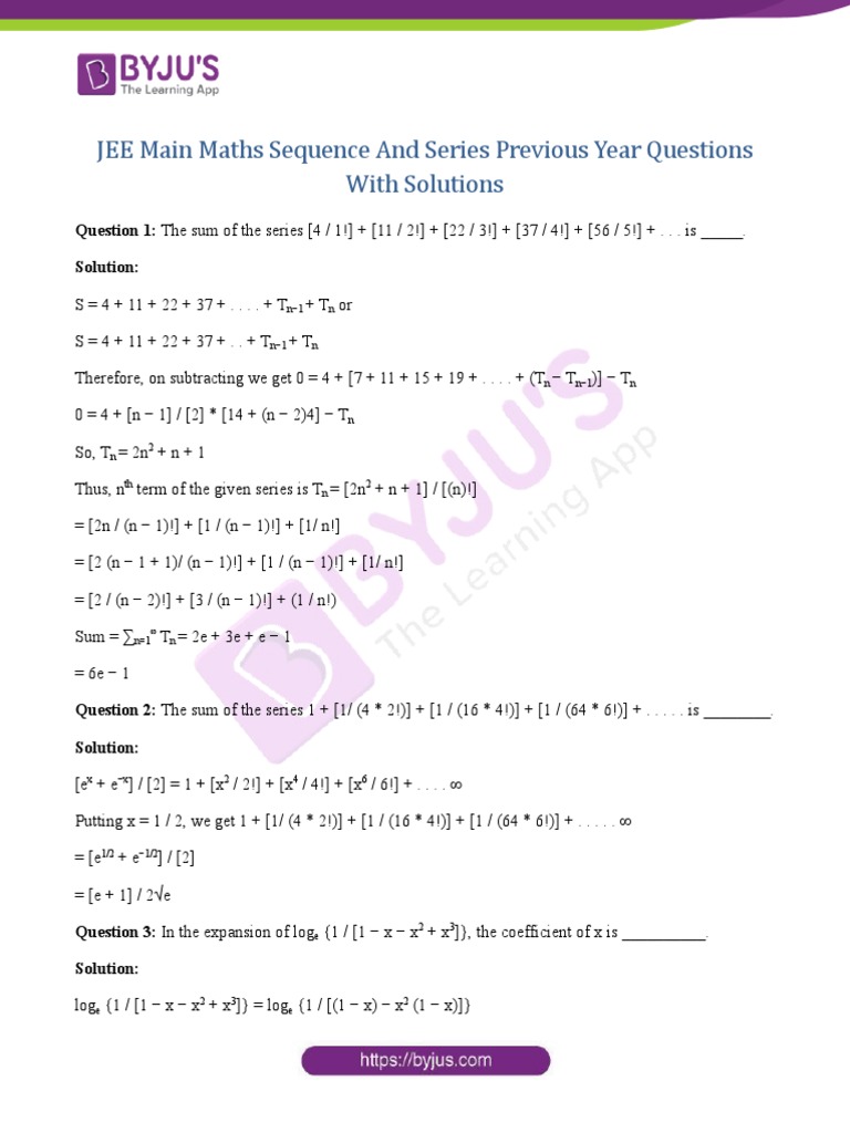JEE Main Maths Sequence and Series Previous Year Questions With Solutions | PDF | Discrete ...