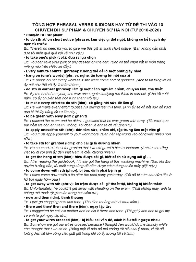 TỔNG HỢP PHRASAL VERBS & IDIOMS HAY TỪ ĐỀ THI VÀO 10 | PDF