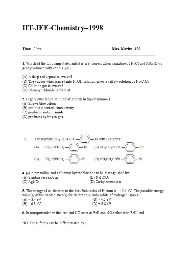 2753IIT JEE Chemistry Question Paper-1998 | PDF | Chemical Bond | Acid