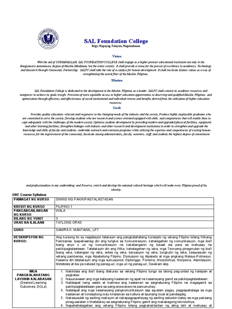 Filipino 1 Obe Course Syllabus | PDF | Philippines