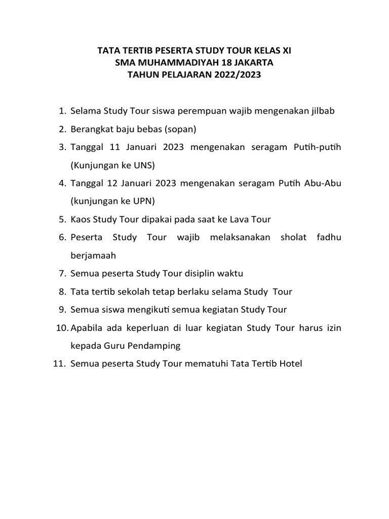 Tata Tertib Peserta Study Tour Kelas Xi | PDF