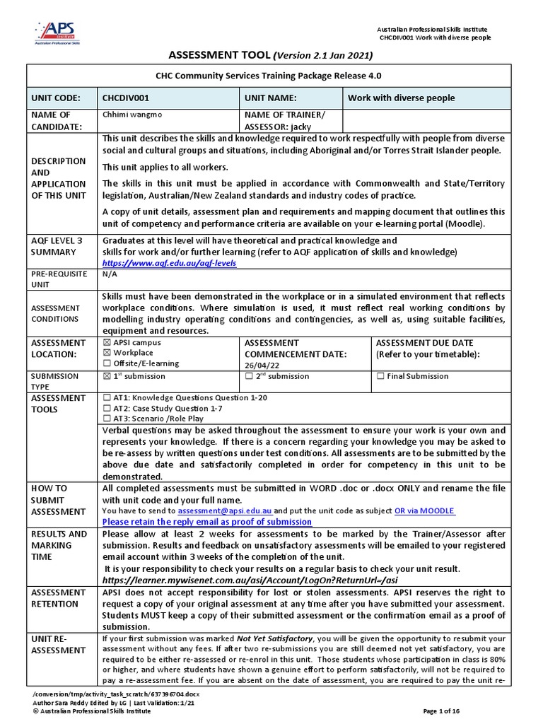 CHCDIV001 Assessment Tool V2.1 Jan 2021 | PDF | Disability | Discrimination