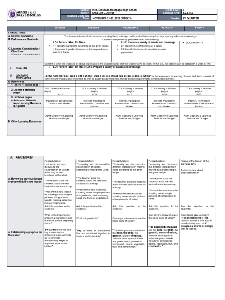 DLL - Tle 9 Week3 | PDF | Salad | Foods