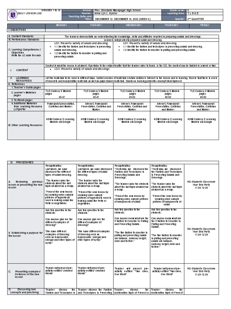 DLL - Tle 9 Week5 | PDF | Teachers | Learning