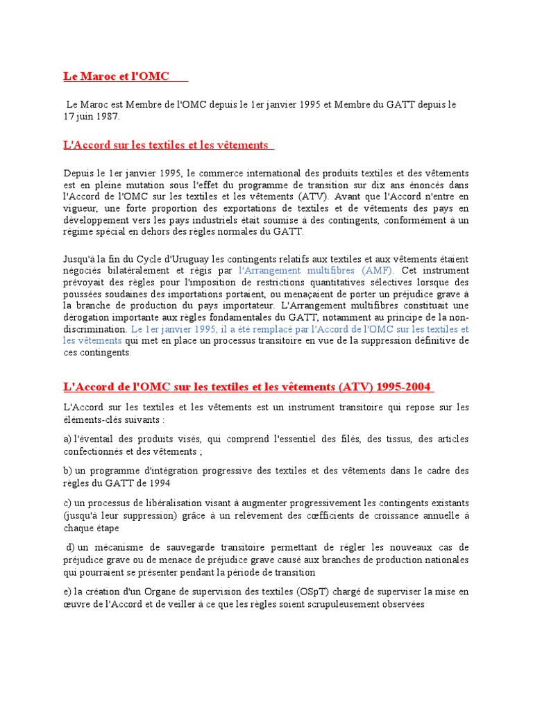 Maroc et l'Accord Textiles OMC | PDF | Organisation mondiale du ...