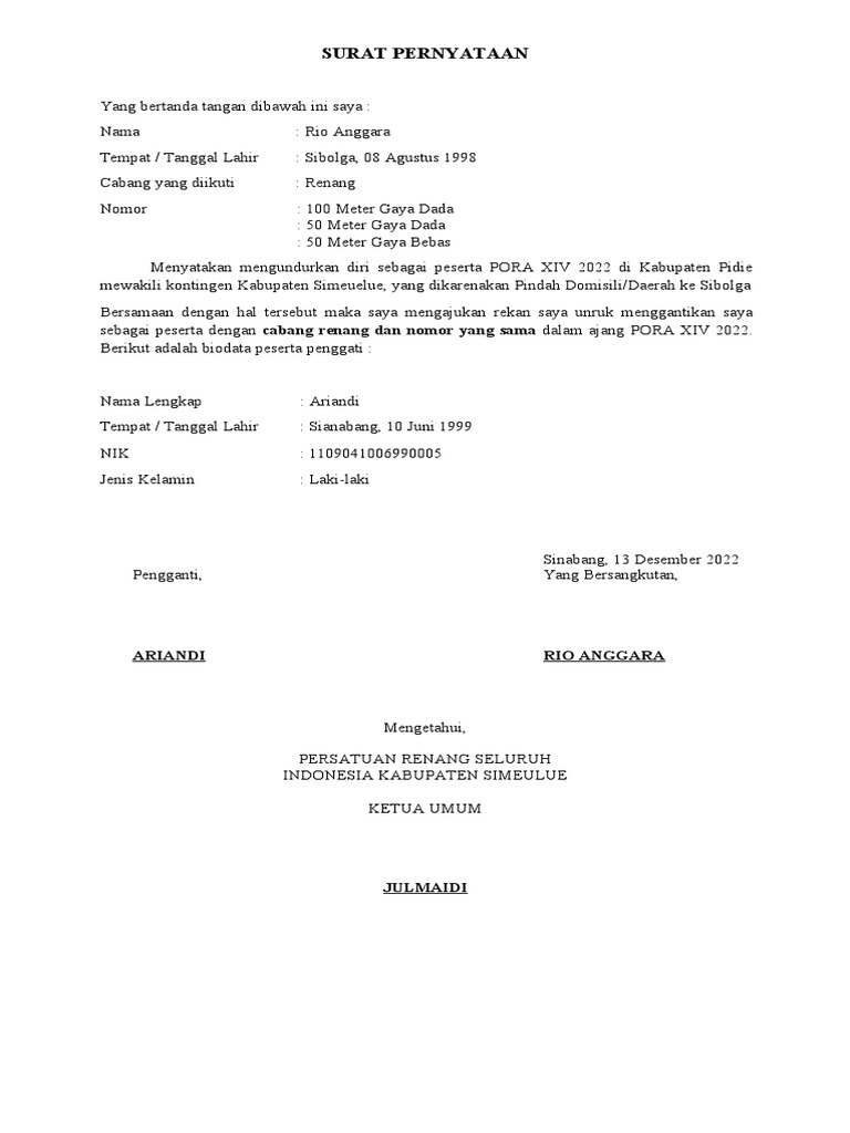 Surat Pernyataan Pergantian Atlet | PDF